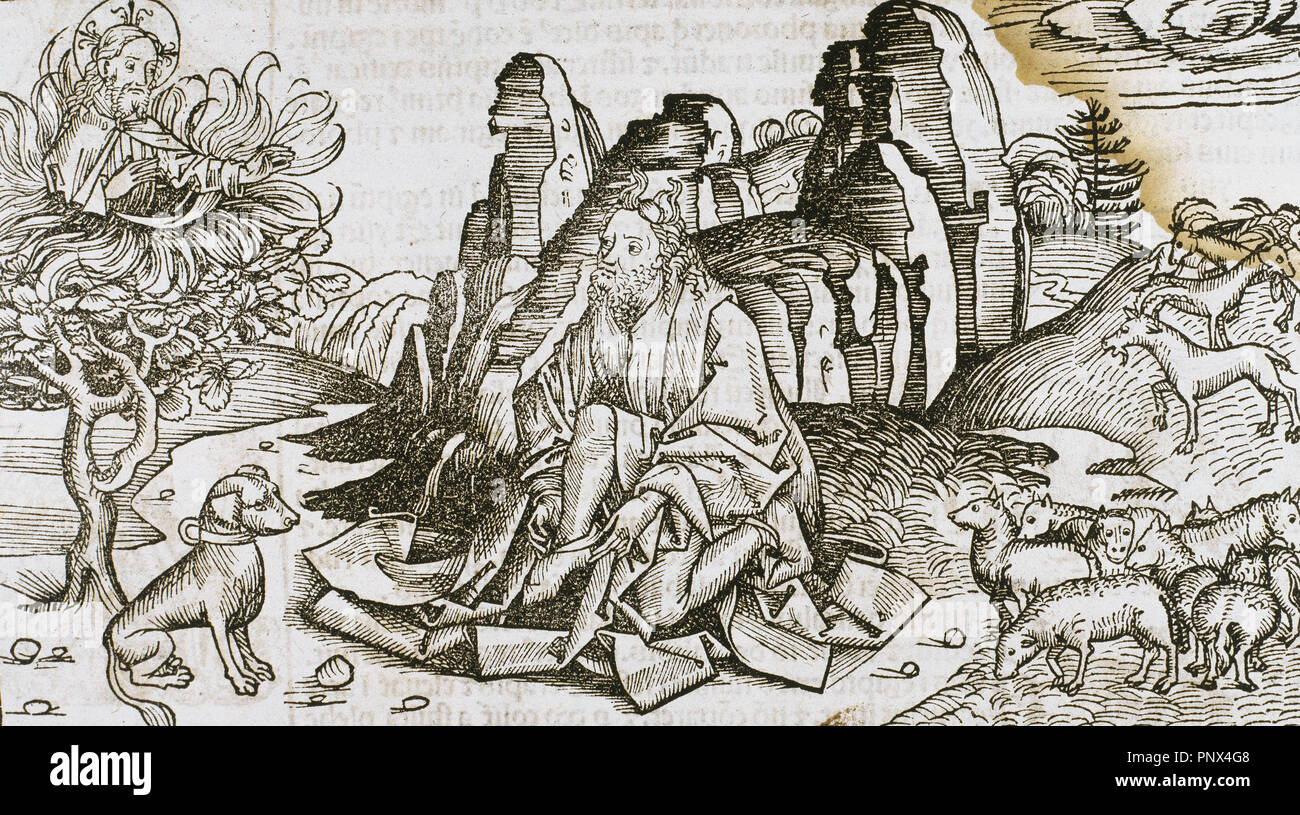 Moses and the burning bush. 16th century engraving Stock Photo - Alamy