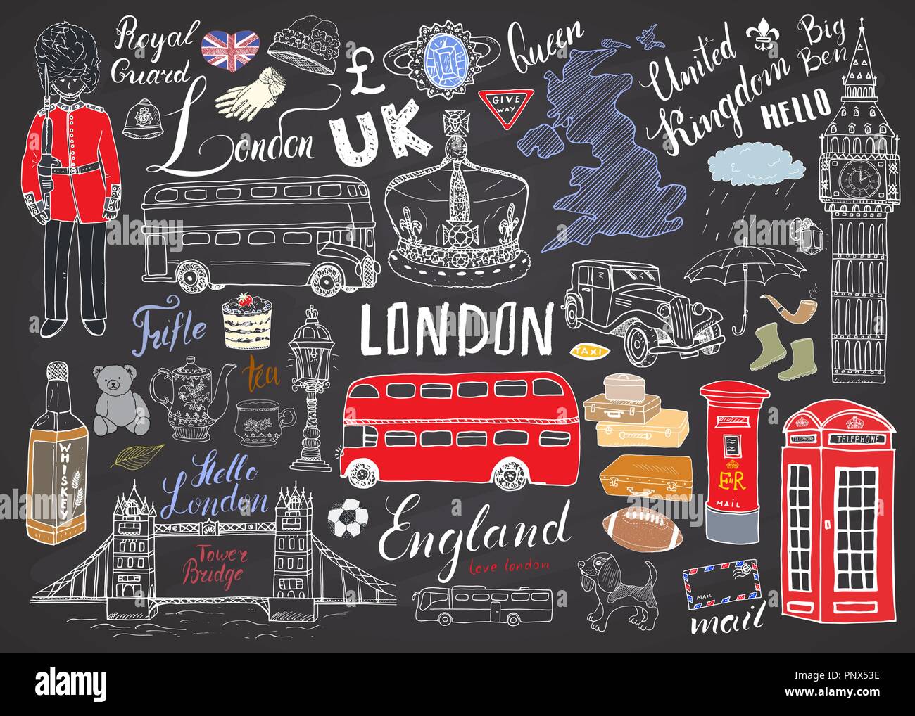 London city doodles elements collection. Hand drawn set with, tower ...
