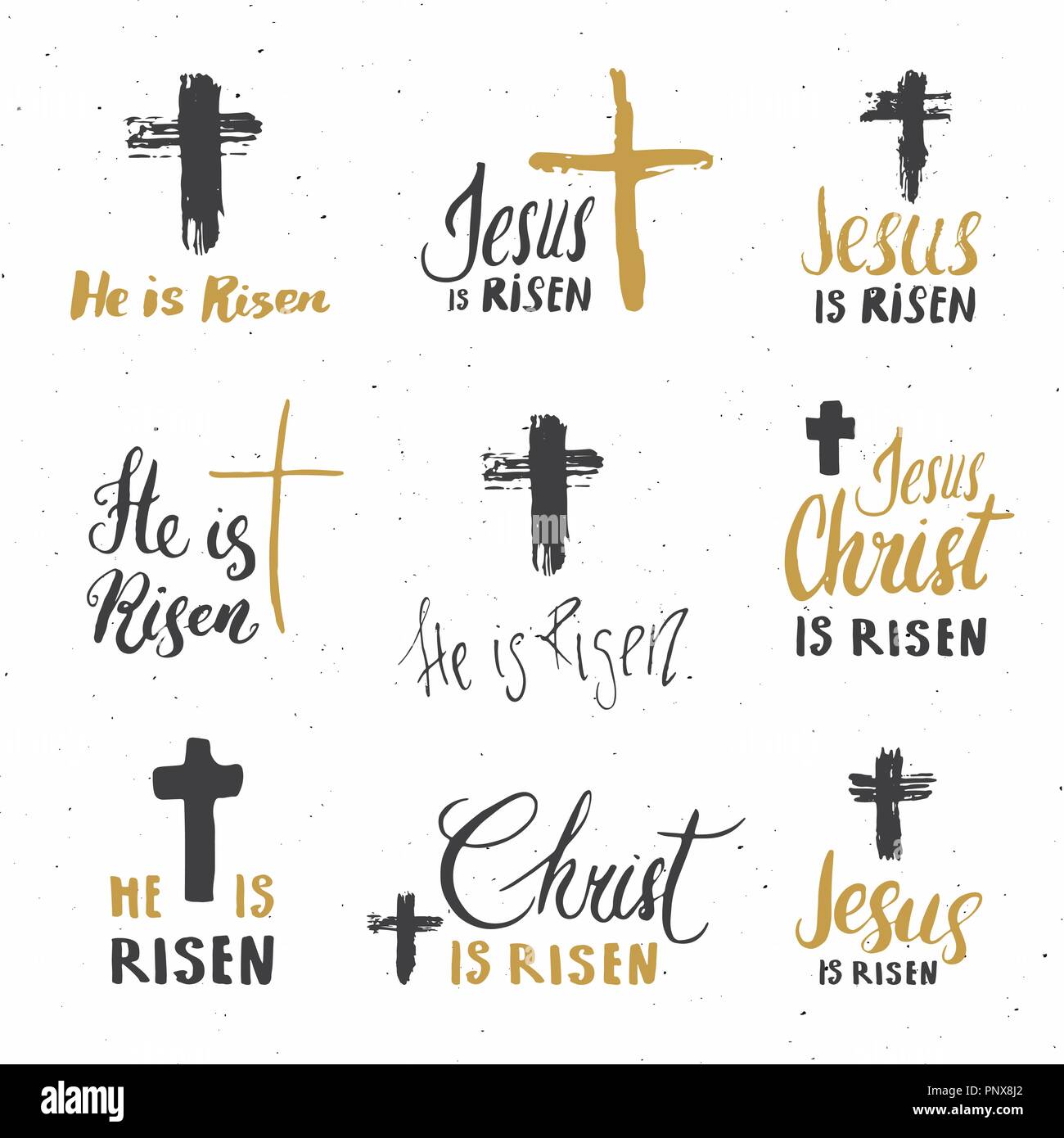 He is risen, lettering set religious signs with crucifix symbols. Hand ...