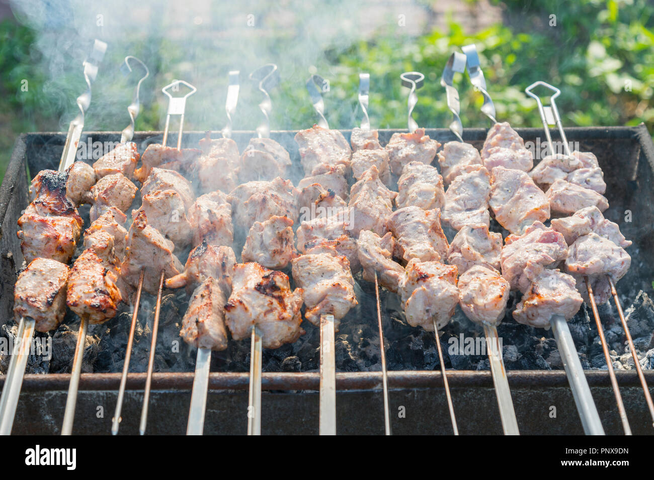 Preparing shashlik on mangal. Fresh meat on a steel skewer in a smoke ...