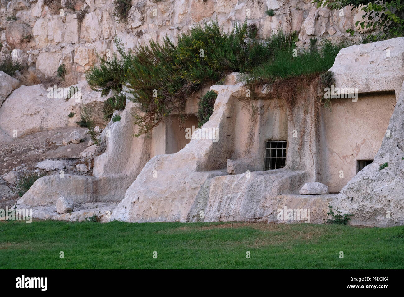 View of ancient burial caves from the late first Jewish temple located ...