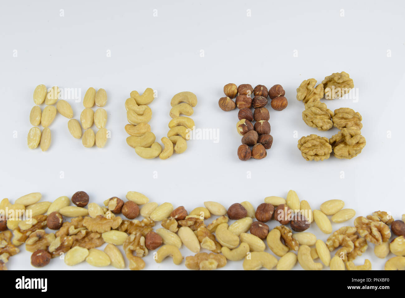 The word NUTS spelled with a variety of mixed nuts on a white ...