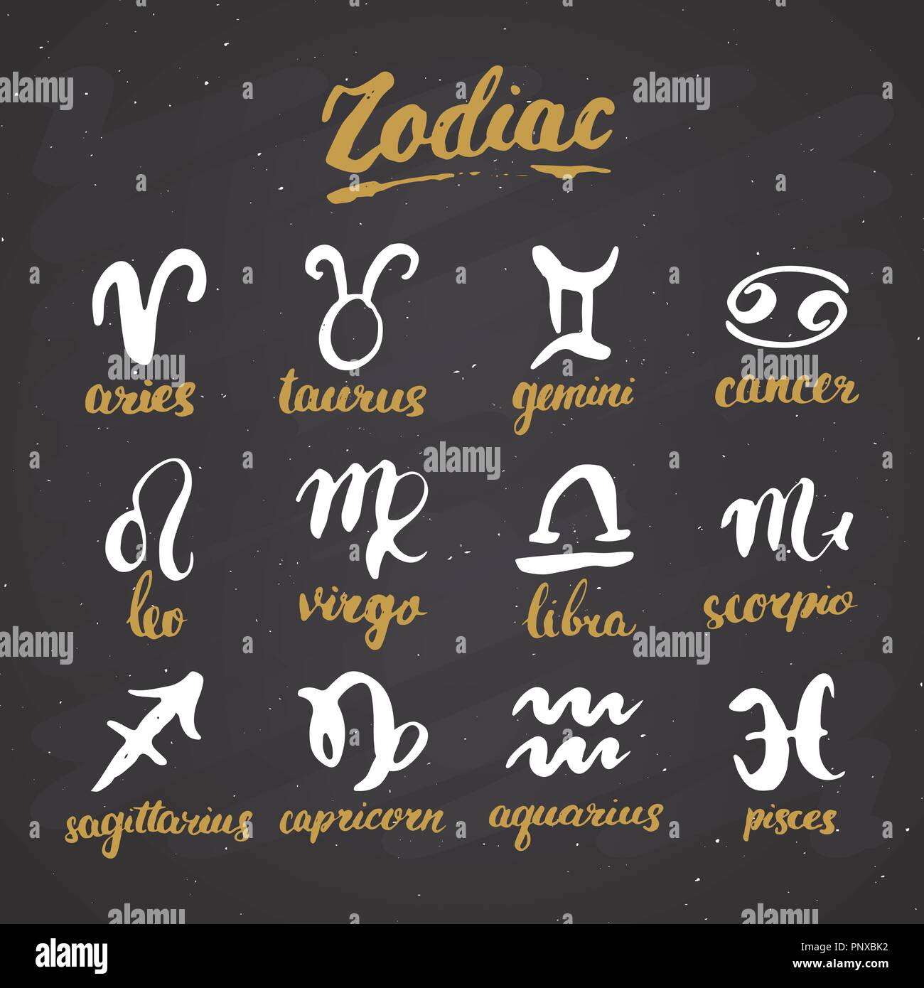 Zodiac signs set and letterings. Hand drawn horoscope astrology symbols ...