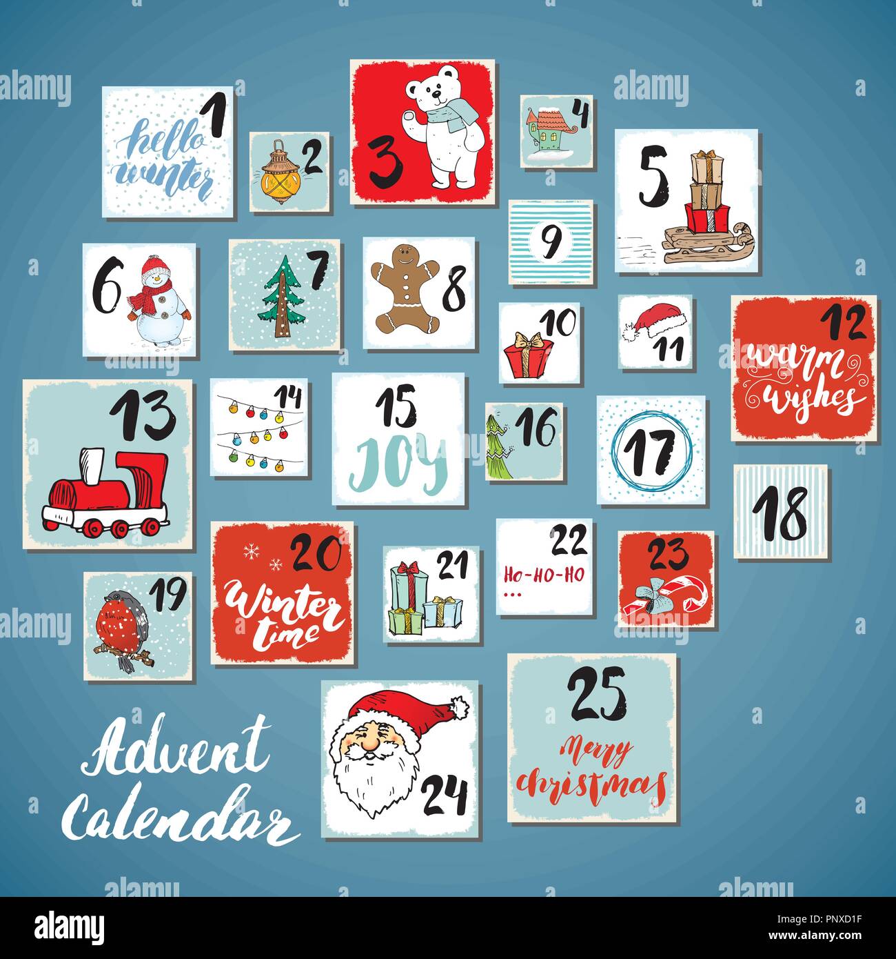 Christmas advent calendar. Hand drawn elements and numbers. Winter ...