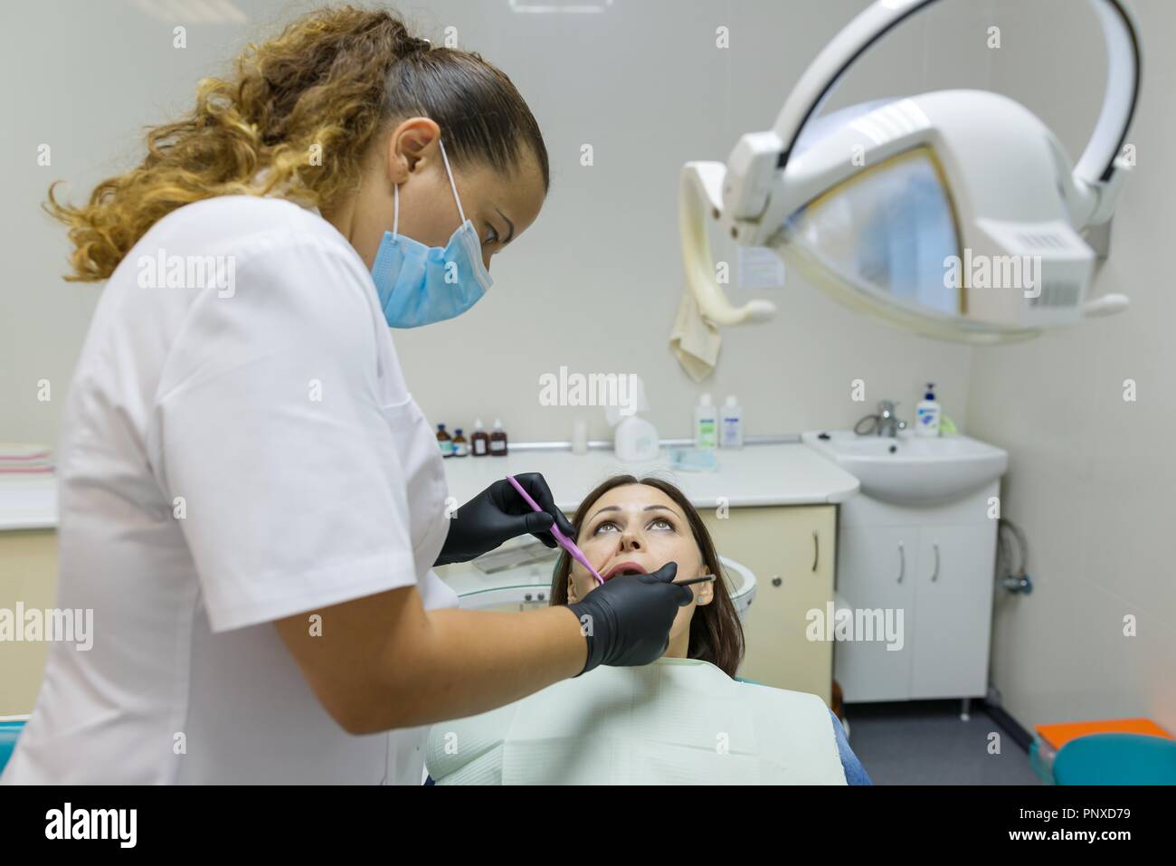 Adult female dentist treating patient woman teeth. Medicine, dentistry ...