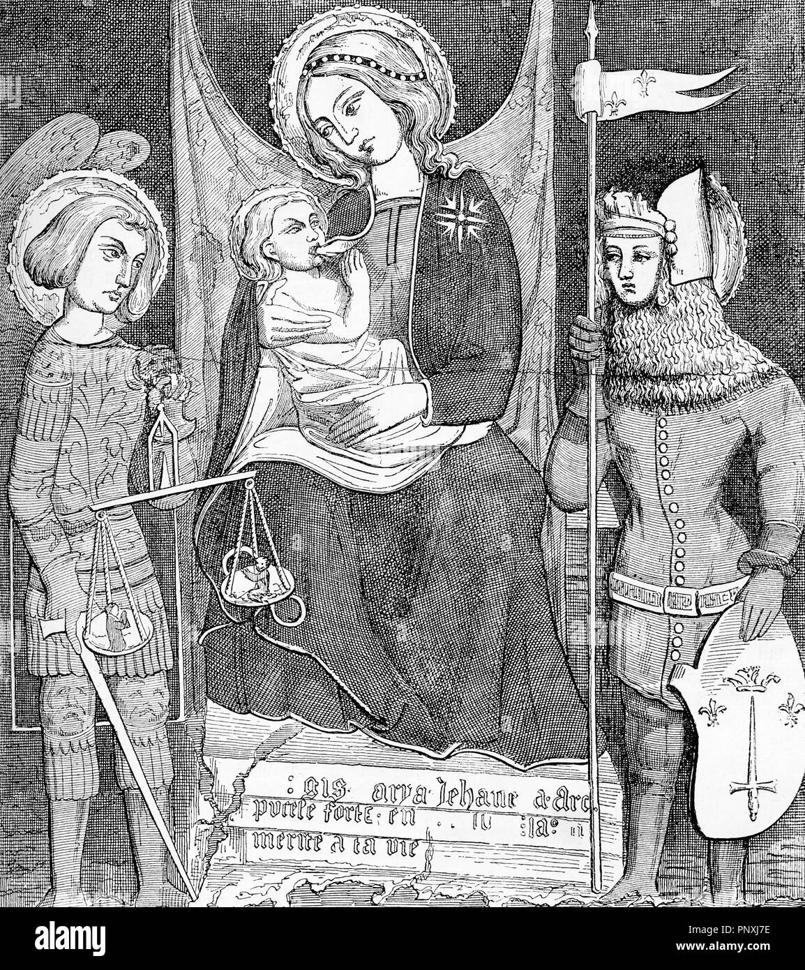 Medieval painting of Virgin Mary with Jesus child, flanked by the maid ...