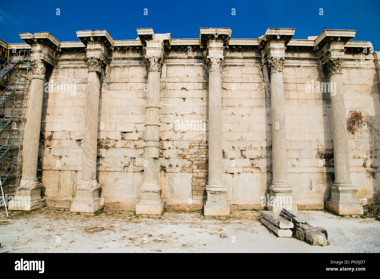 The preserved ancient wall with row of columns located in Hadrian's ...