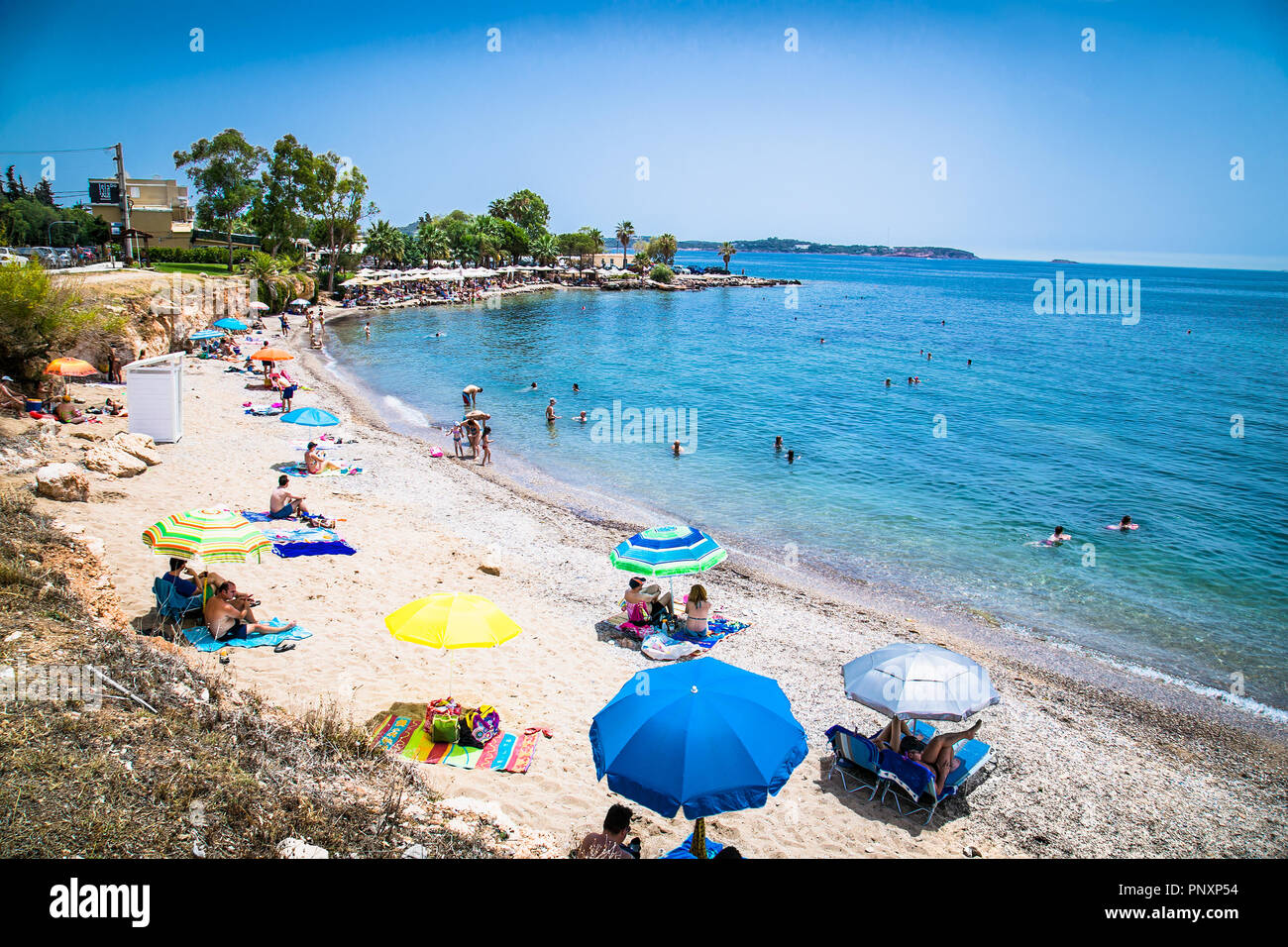 ATHENS, GREECE - JUNE 19, 2016: People on the Voula beach in Athens ...