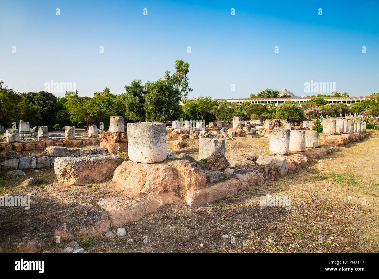 Ruins of Middle Stoa at the ancient Agora of Athens with the north ...
