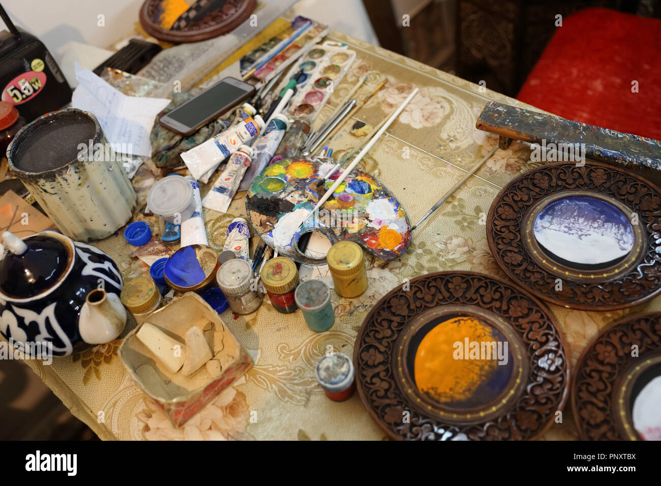 Tashkent, Uzbekistan - May 02, 2017: Work desk of a craftsman at Abul ...