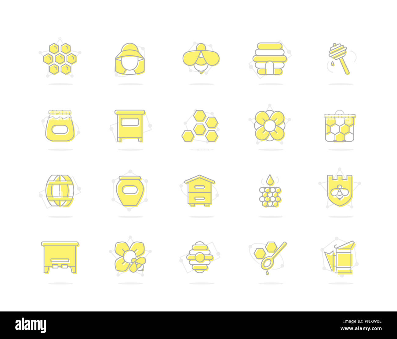Set of honey line colored icons. Bee, honeycomb, barrel, beekeeper ...