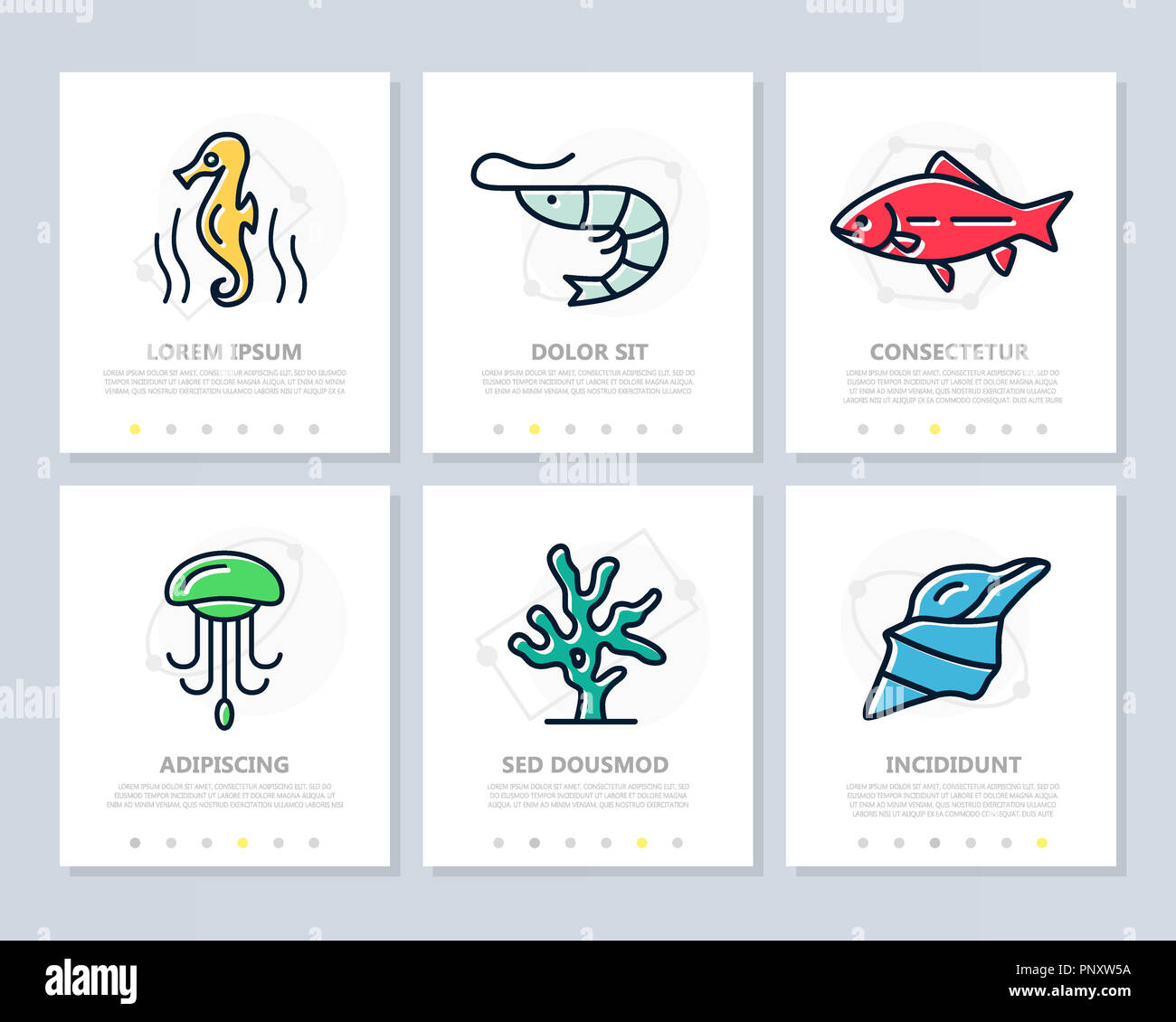 Set of fish and sea food colored elements for multipurpose a4 ...