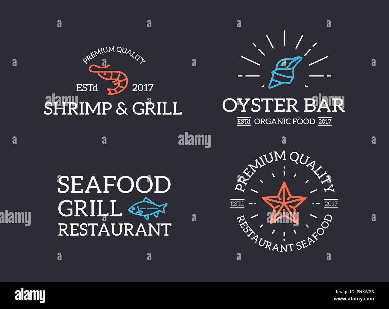 Set of retro vintage fish and seafood, shrimp, starfish, shell logo or ...