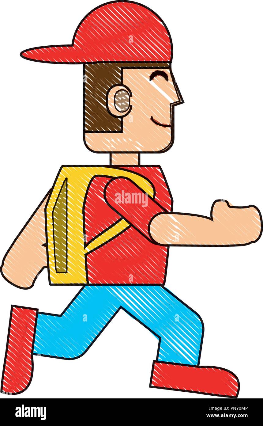 cartoon man with a cap and backpack over white background, vector ...