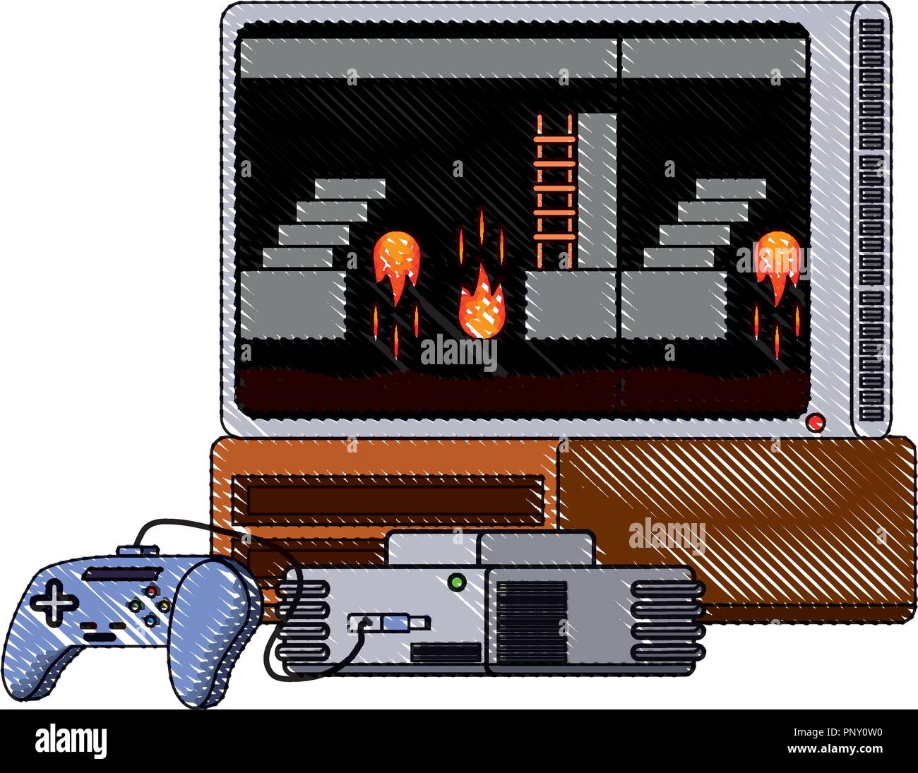 television with game console and controller over white background ...