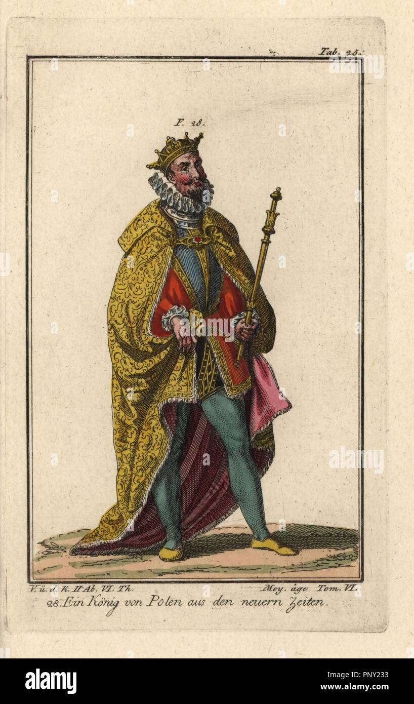 Polish king, 16th century. Handcolored copperplate engraving from ...