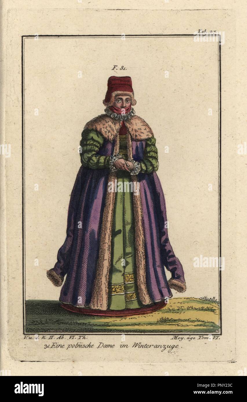Polish woman in winter dress. Handcolored copperplate engraving from ...