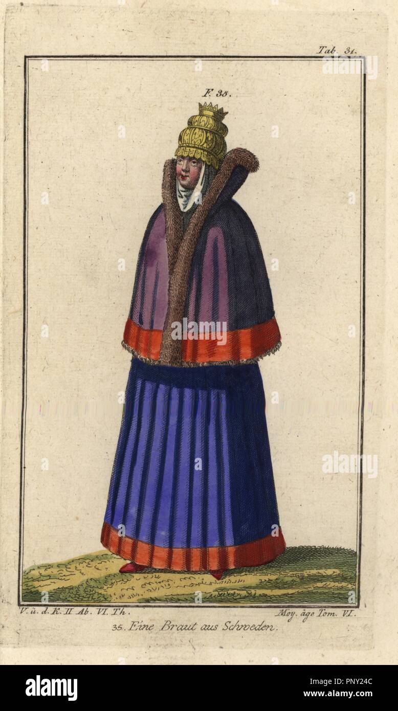Bride from Sweden, 16th century. Handcolored copperplate engraving from ...