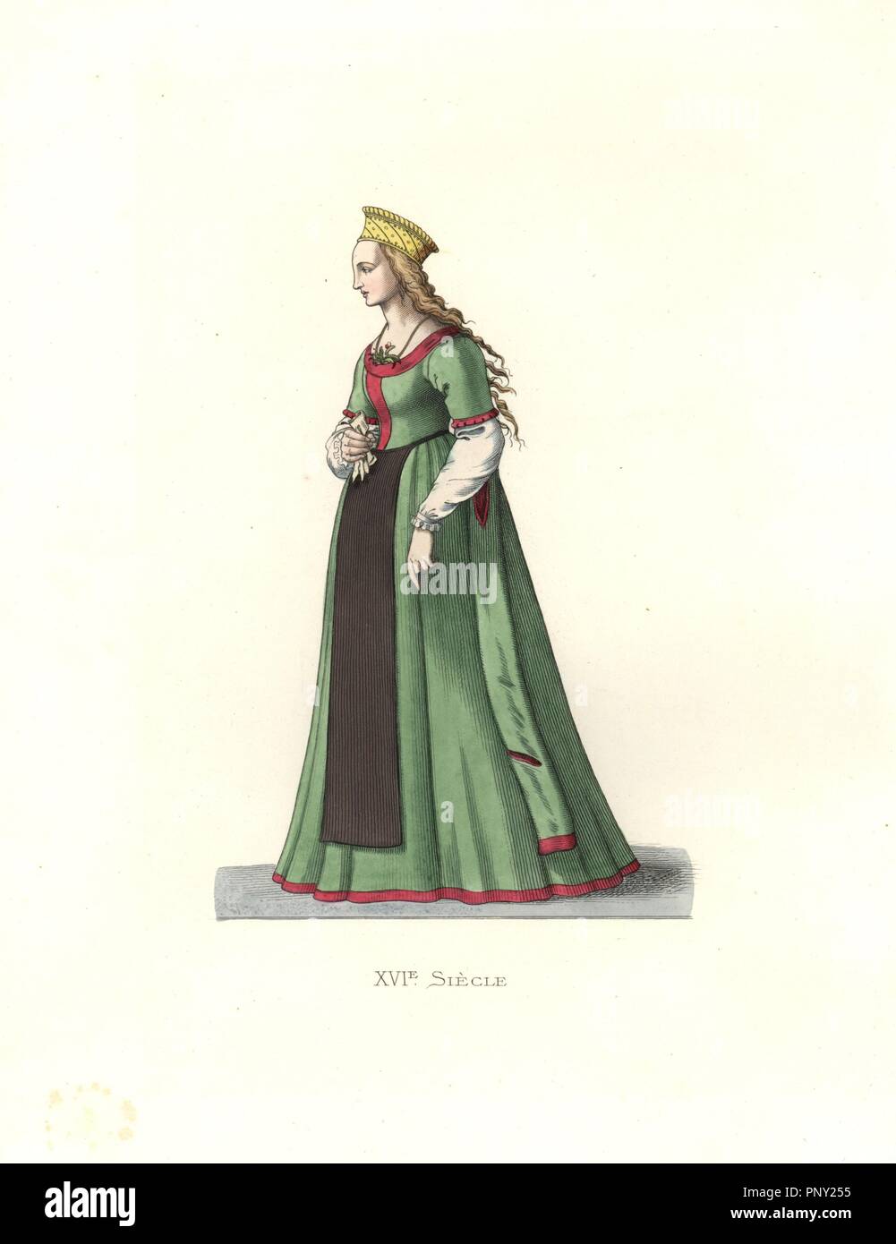Young woman from Danzig, 16th century, wearing long green silk dress ...