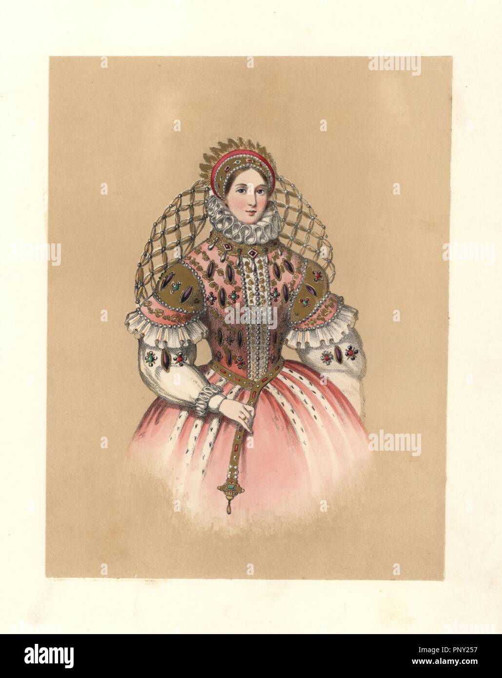 Dress of the reign of Queen Elizabeth I, 15581603. She wears a high ...