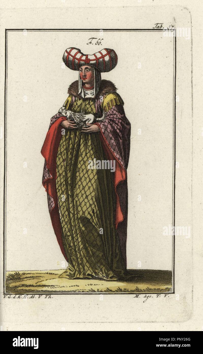 Woman of Venice holding a dog, 16th century. The headdress is made of ...