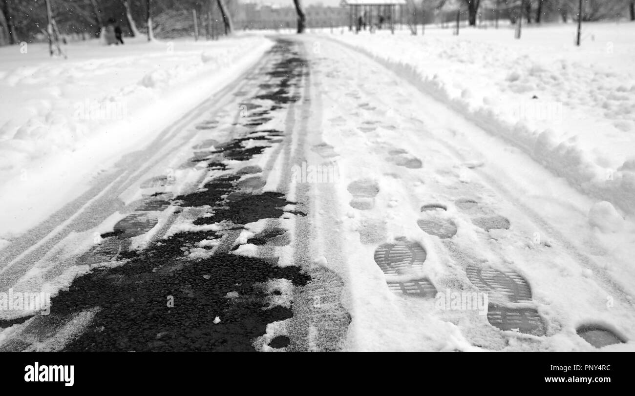 Footprints in the snow. Footprints on the first snow. Imprint an Stock ...