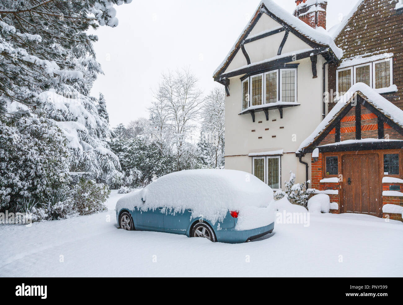 Blue car parked in the drive of a large Tarrant house in Woking, Surrey ...