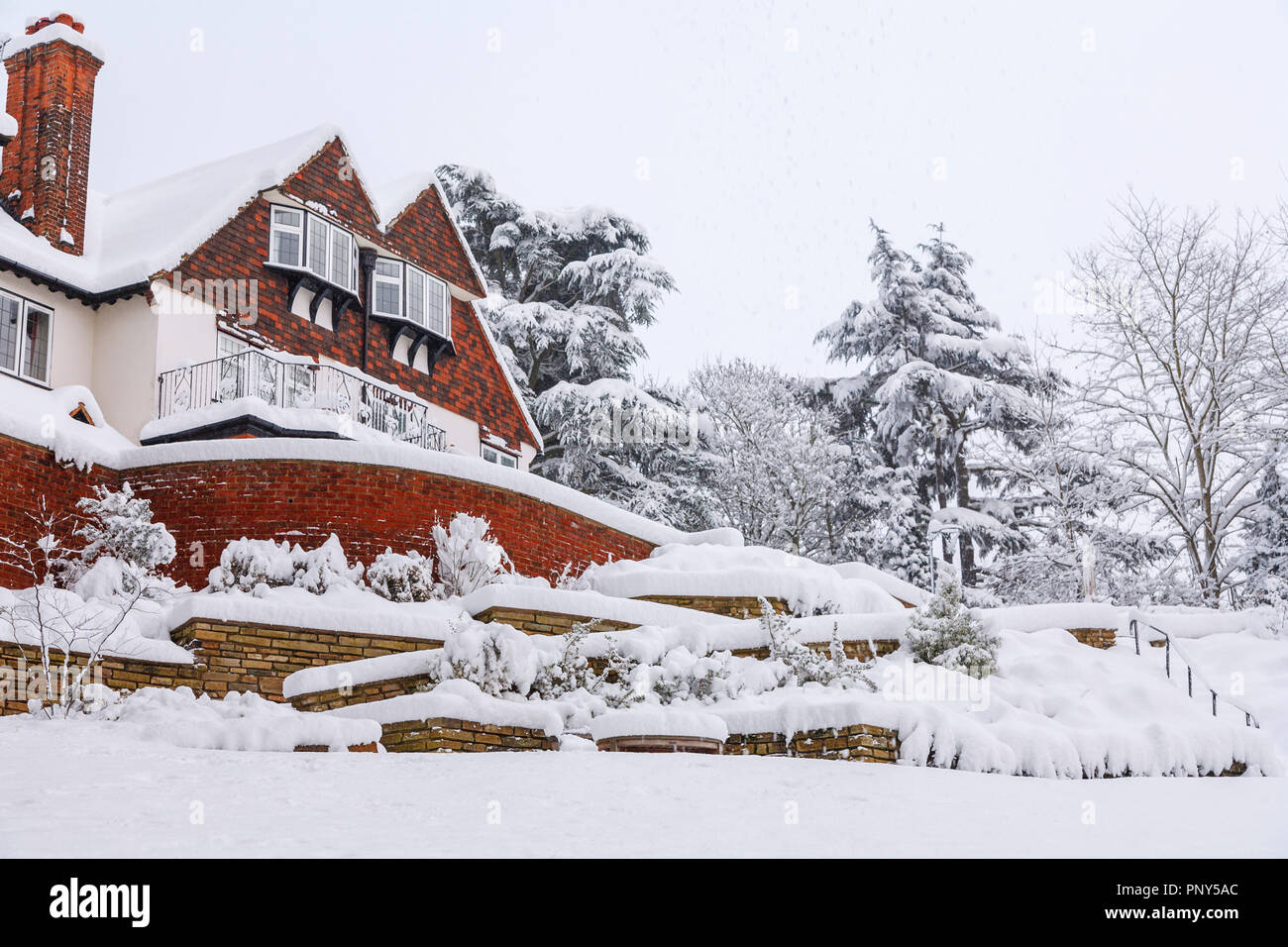 Rear garden view of a large Tarrant house and snow-covered terracing in ...