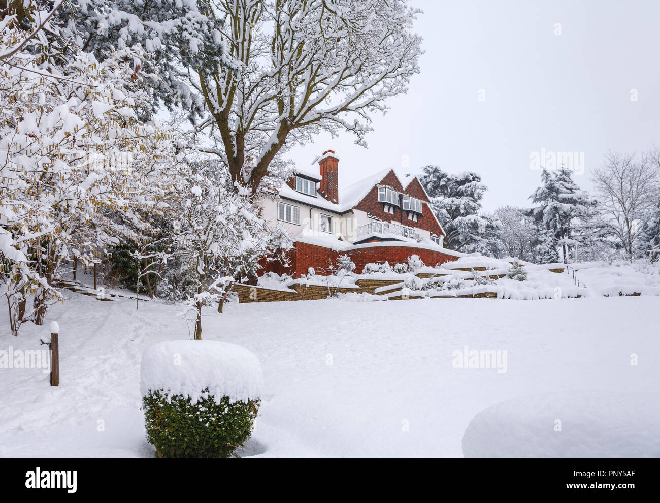 Rear garden view of a large Tarrant house and snow-covered terracing in ...