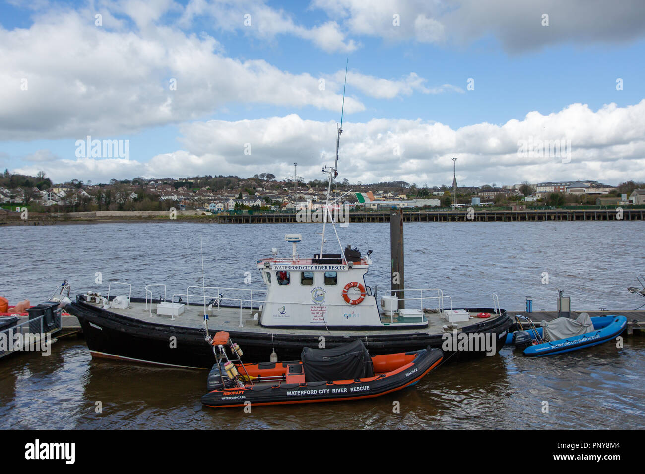 Waterford city river rescue boat and raft anchored at the River Suir ...