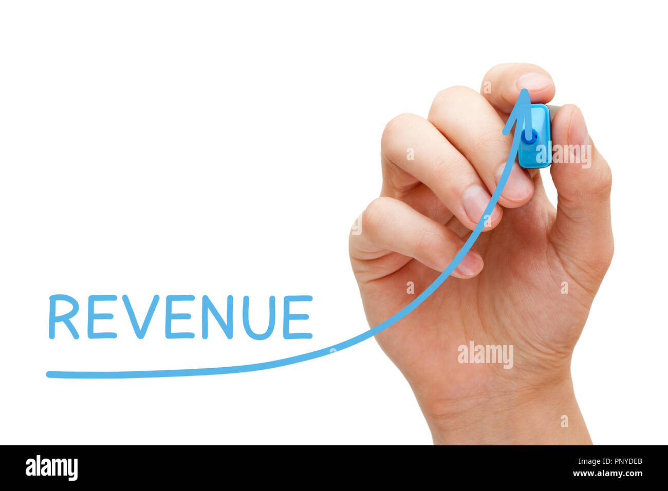 Hand drawing growing Revenue graph with blue marker on transparent wipe ...