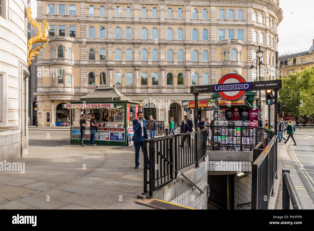 London. September 2018. A view of a tube station entrance in Trafalgar ...