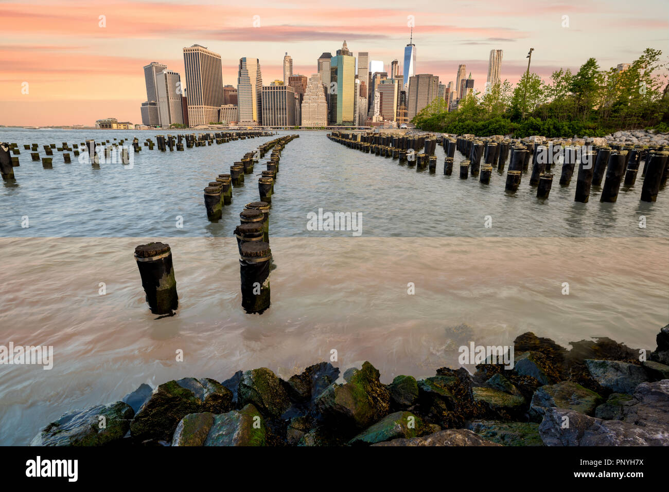 Classic view of New York from old pylons in the water Stock Photo - Alamy