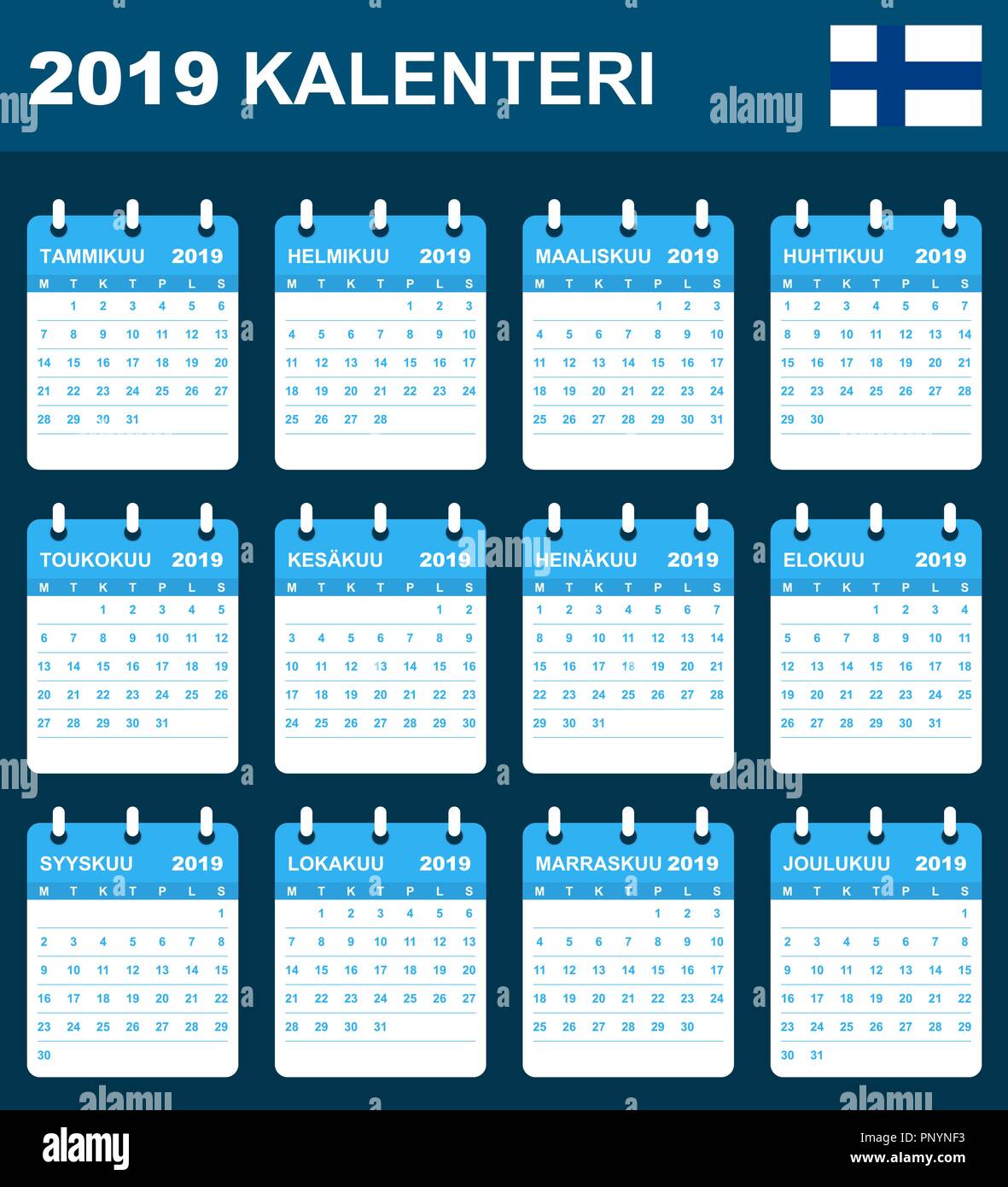 Finnish Calendar for 2019. Scheduler, agenda or diary template. Week ...