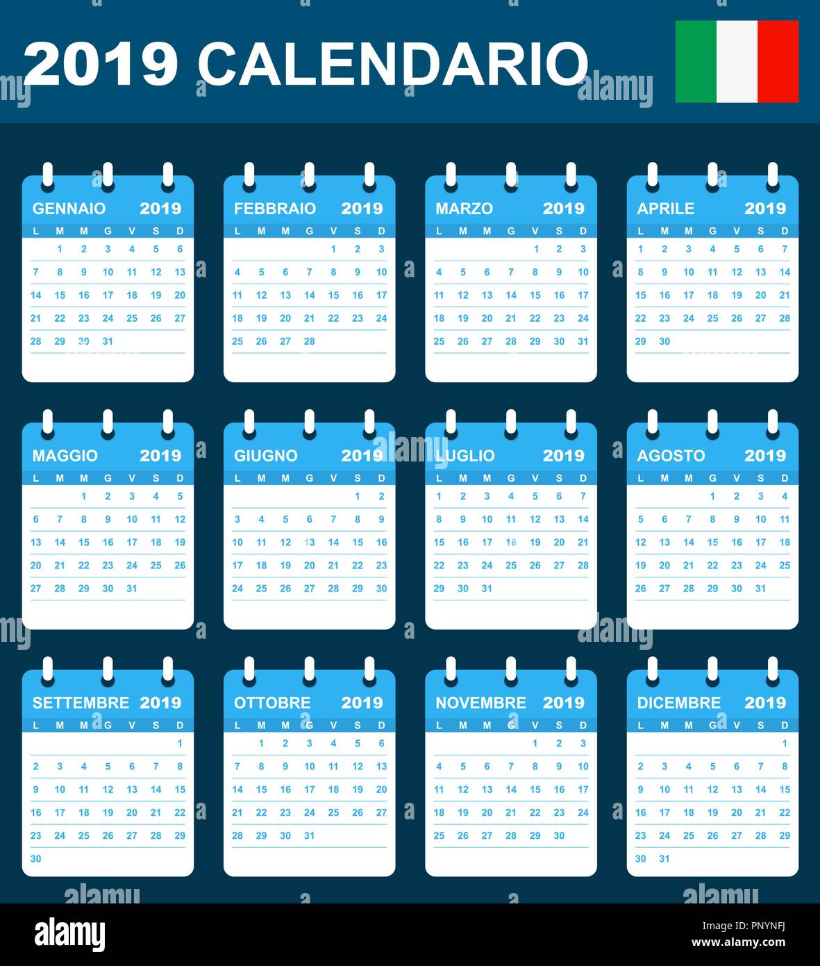 Italian Calendar for 2019. Scheduler, agenda or diary template. Week ...