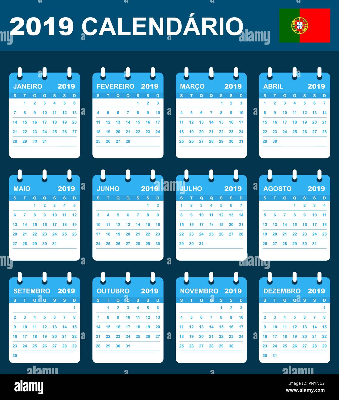 Portuguese Calendar for 2019. Scheduler, agenda or diary template. Week ...