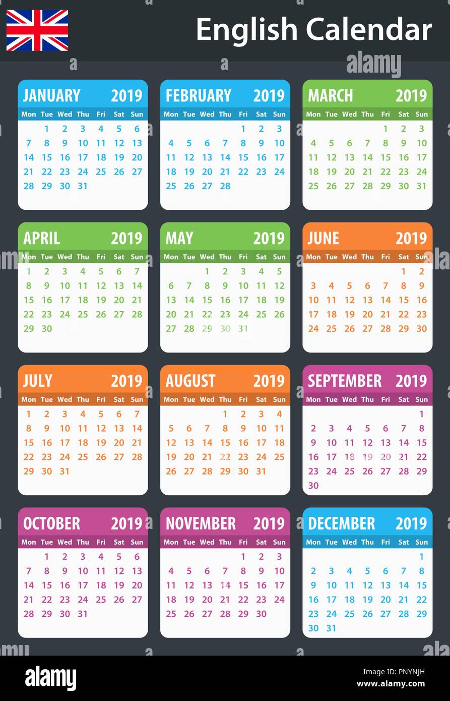 English Calendar for 2019. Scheduler, agenda or diary template. Week ...