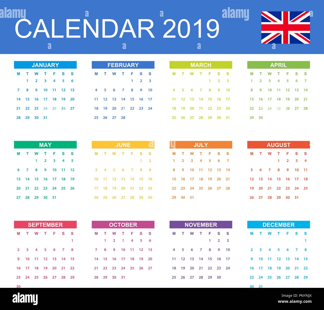 English Calendar for 2019. Scheduler, agenda or diary template. Week ...
