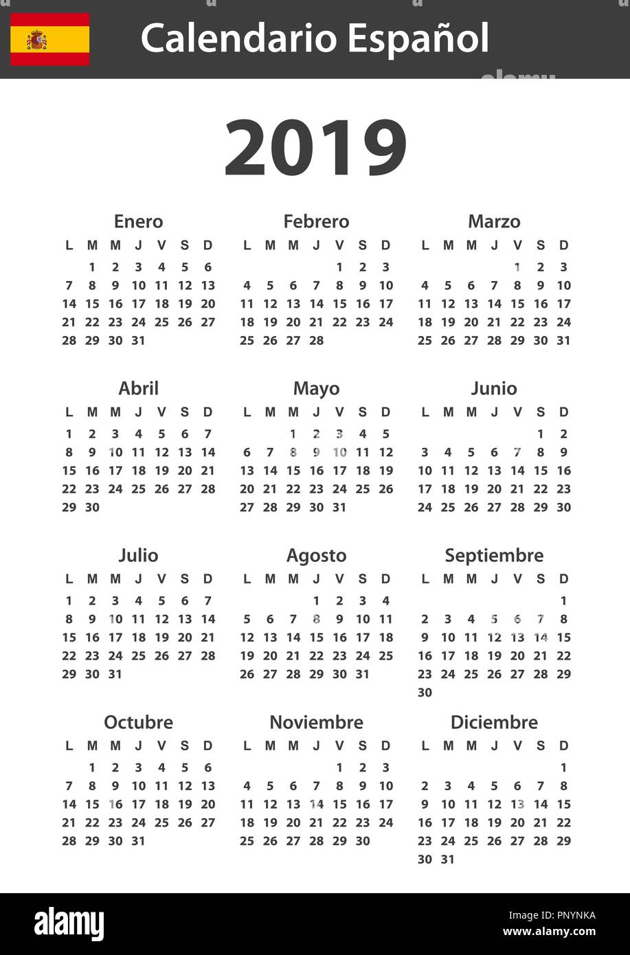 Spanish Calendar for 2019. Scheduler, agenda or diary template. Week ...