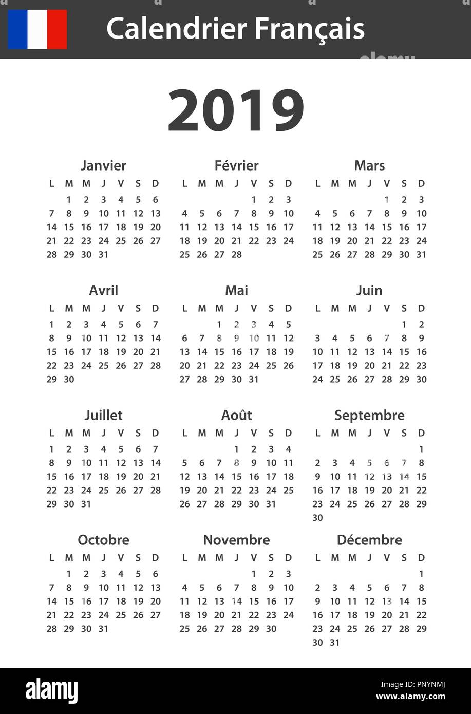 French Calendar for 2019. Scheduler, agenda or diary template. Week ...