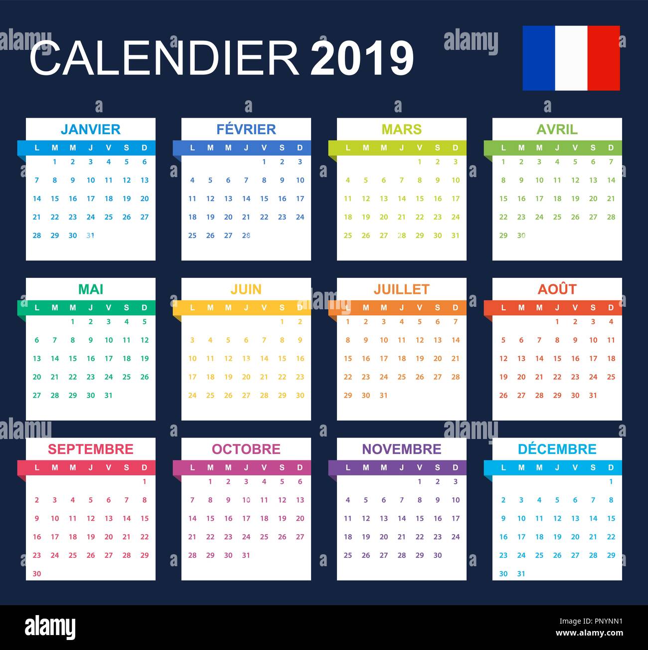 French Calendar for 2019. Scheduler, agenda or diary template. Week ...
