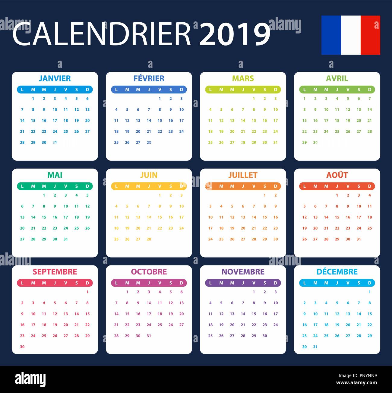 French Calendar for 2019. Scheduler, agenda or diary template. Week ...