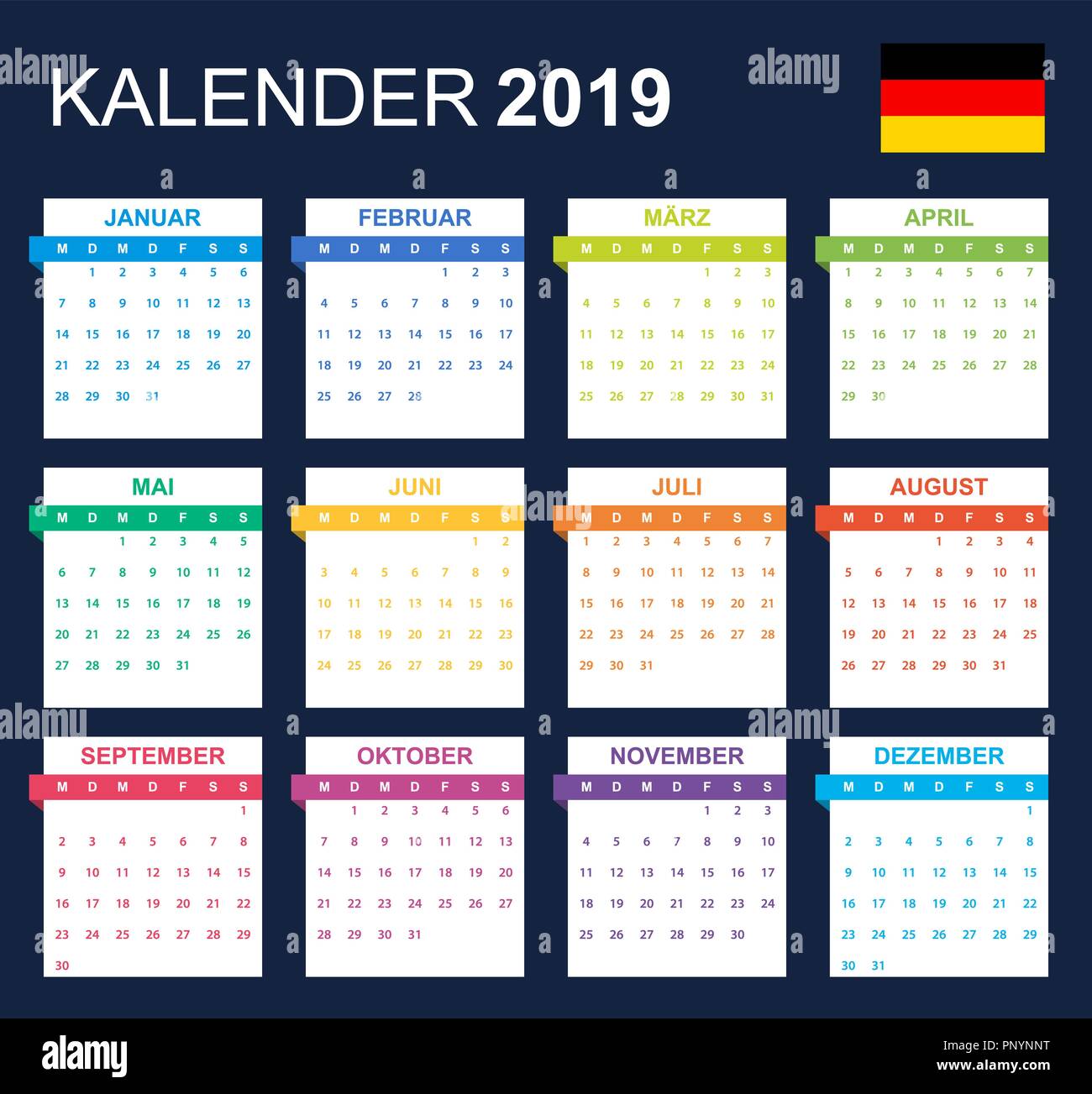 German Calendar for 2019. Scheduler, agenda or diary template. Week ...