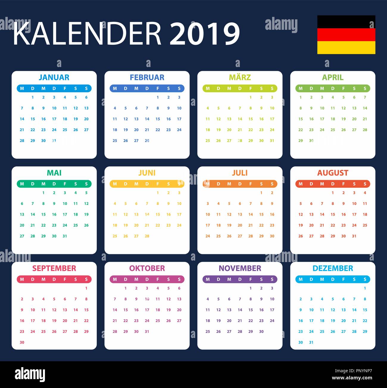 German Calendar for 2019. Scheduler, agenda or diary template. Week ...