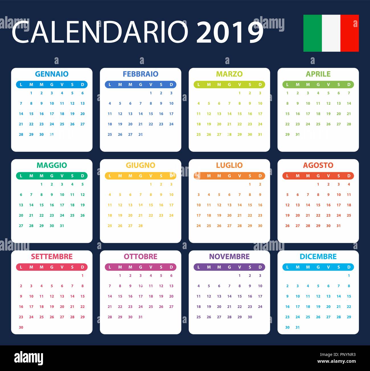 Italian Calendar for 2019. Scheduler, agenda or diary template. Week ...