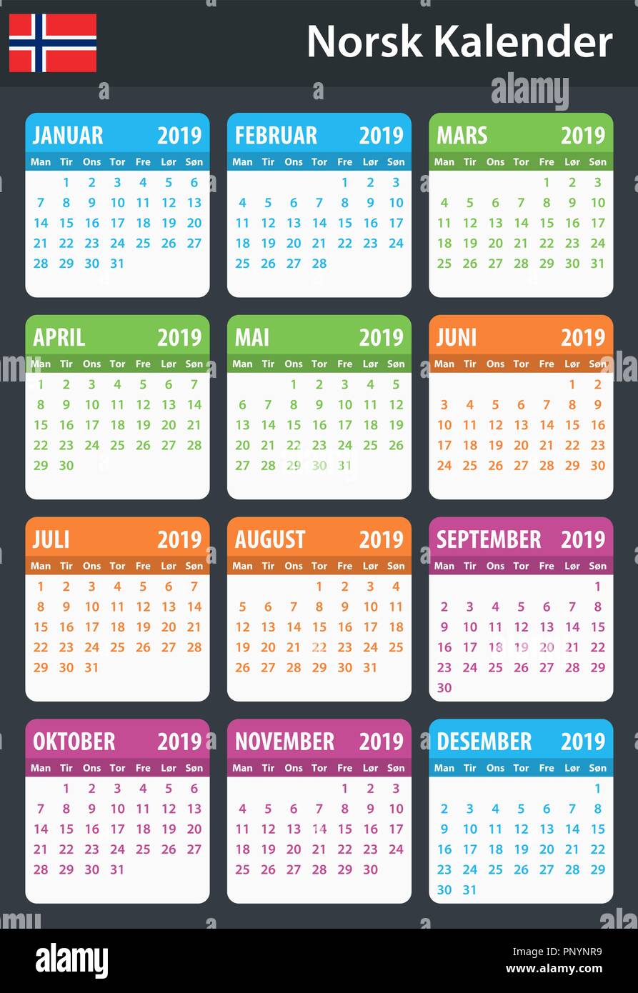 Norwegian Calendar for 2019. Scheduler, agenda or diary template. Week ...