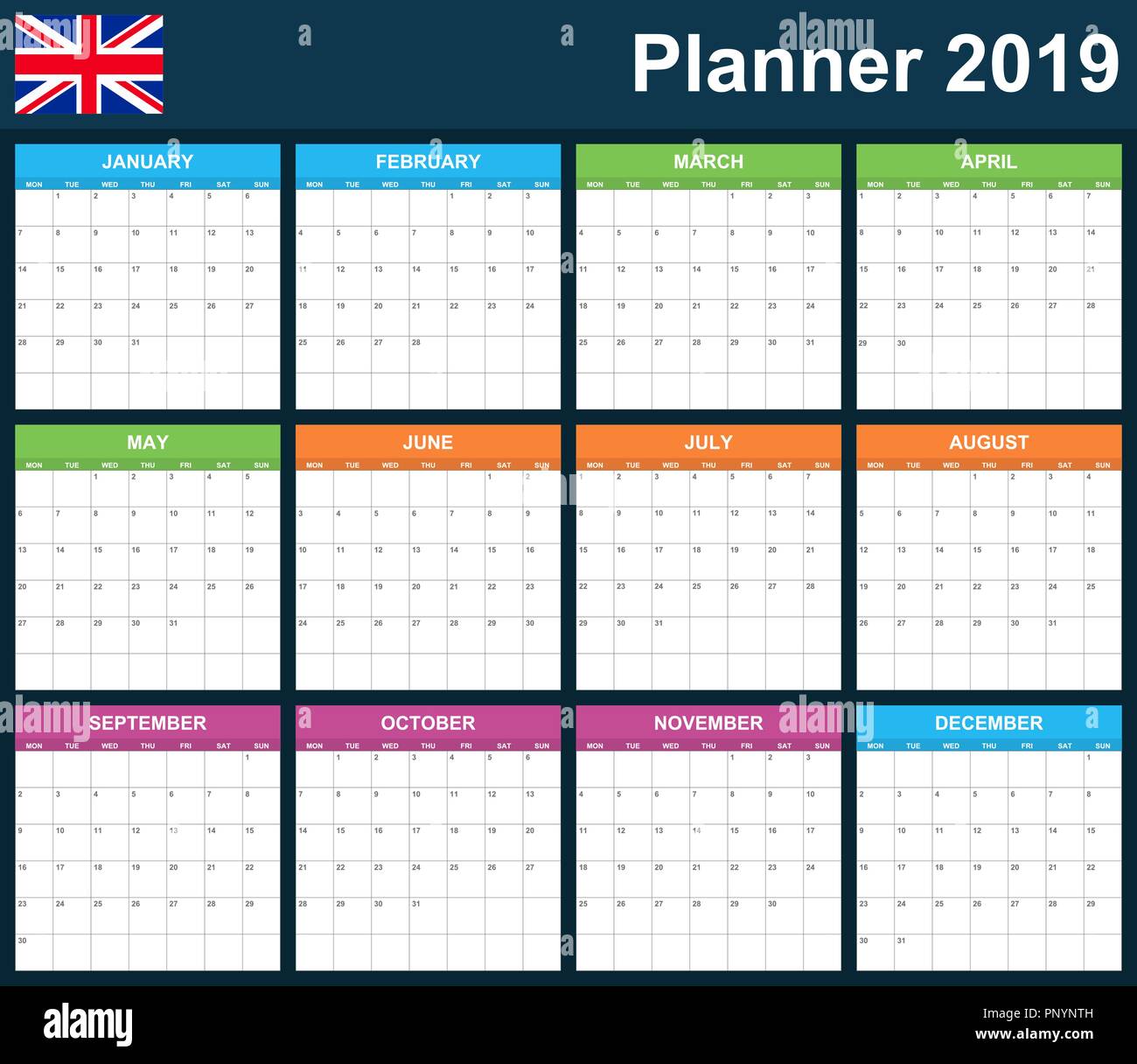 UK Planner blank for 2019. English Scheduler, agenda or diary template ...