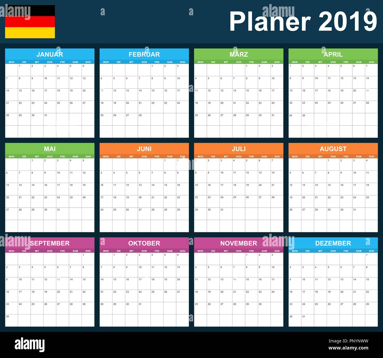 German Planner blank for 2019. Scheduler, agenda or diary template ...