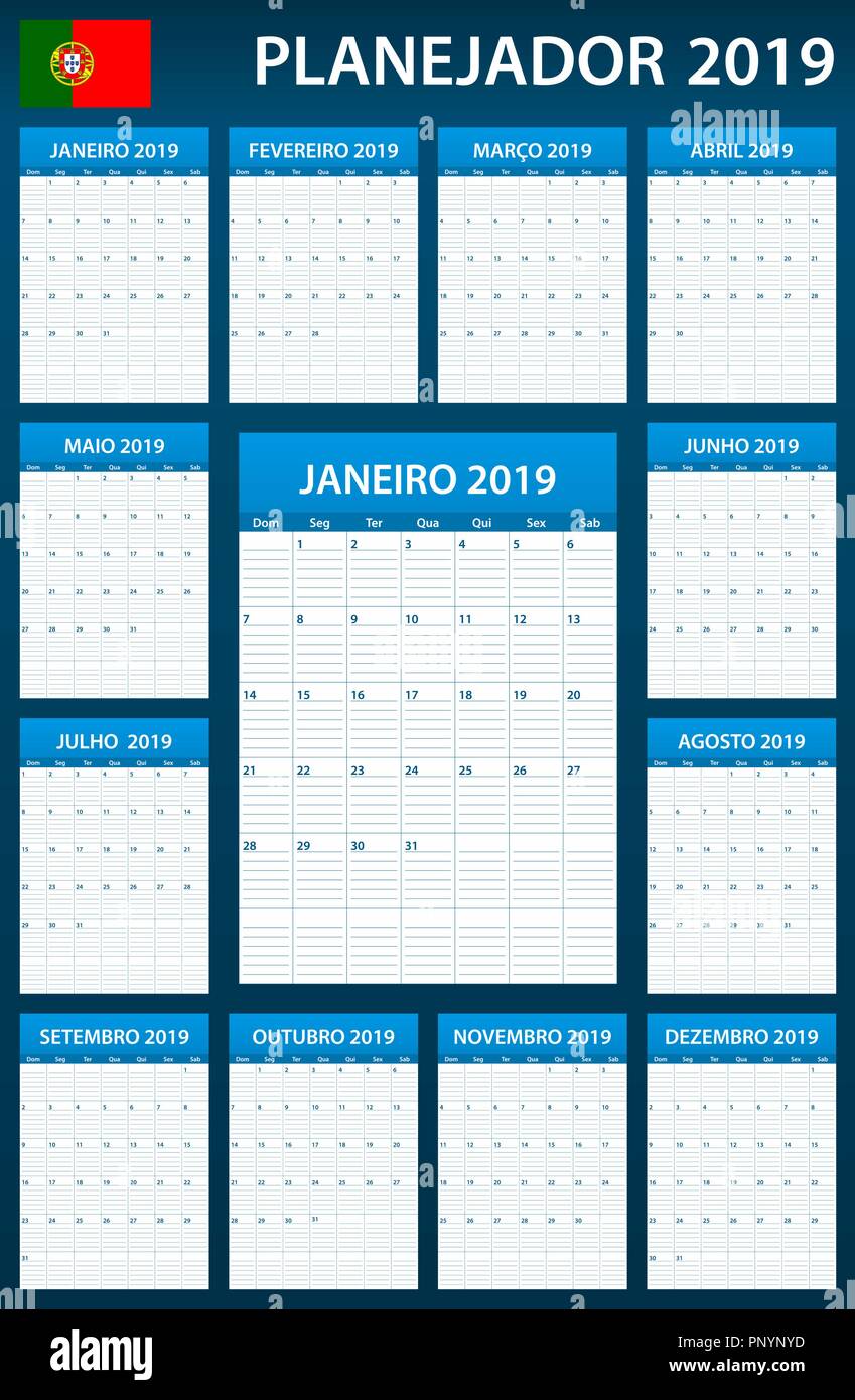 Portuguese Planner blank for 2019. Scheduler, agenda or diary template ...