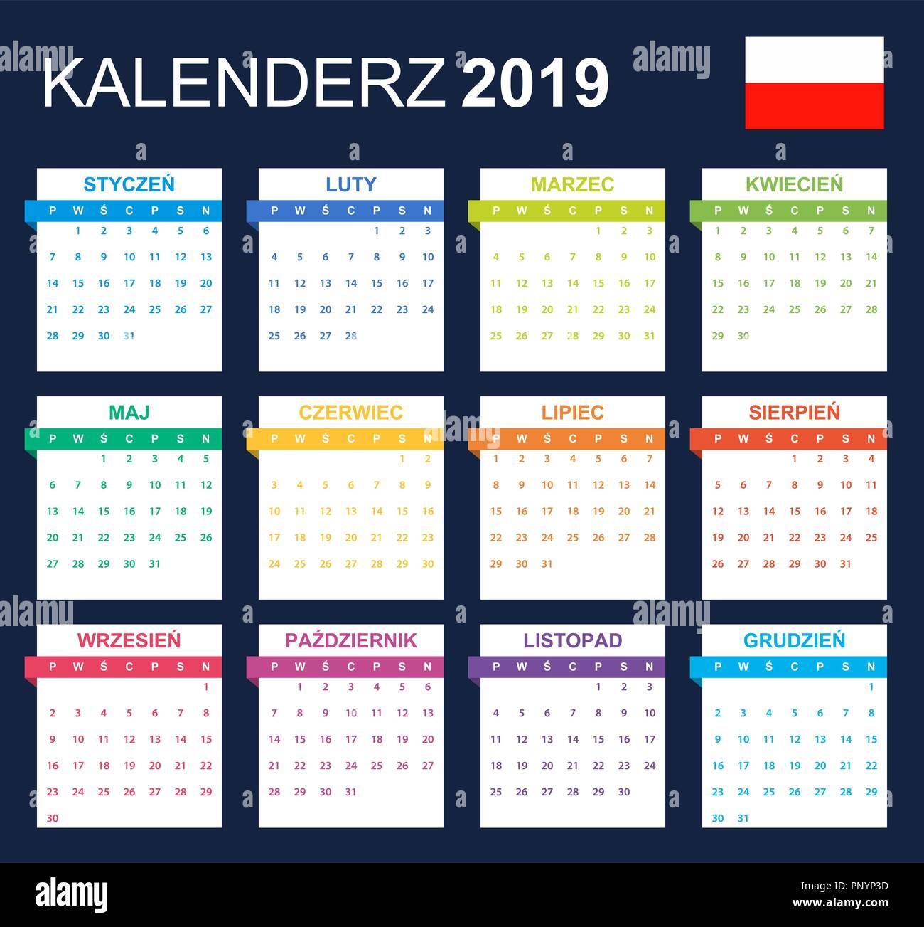 Polish Calendar for 2019. Scheduler, agenda or diary template. Week ...